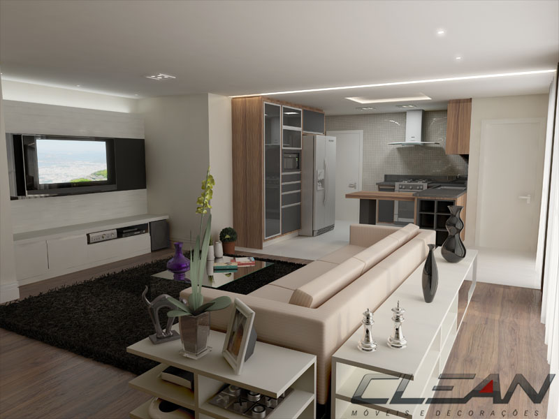 3D1 Sala com cozinha e escritorio integrado