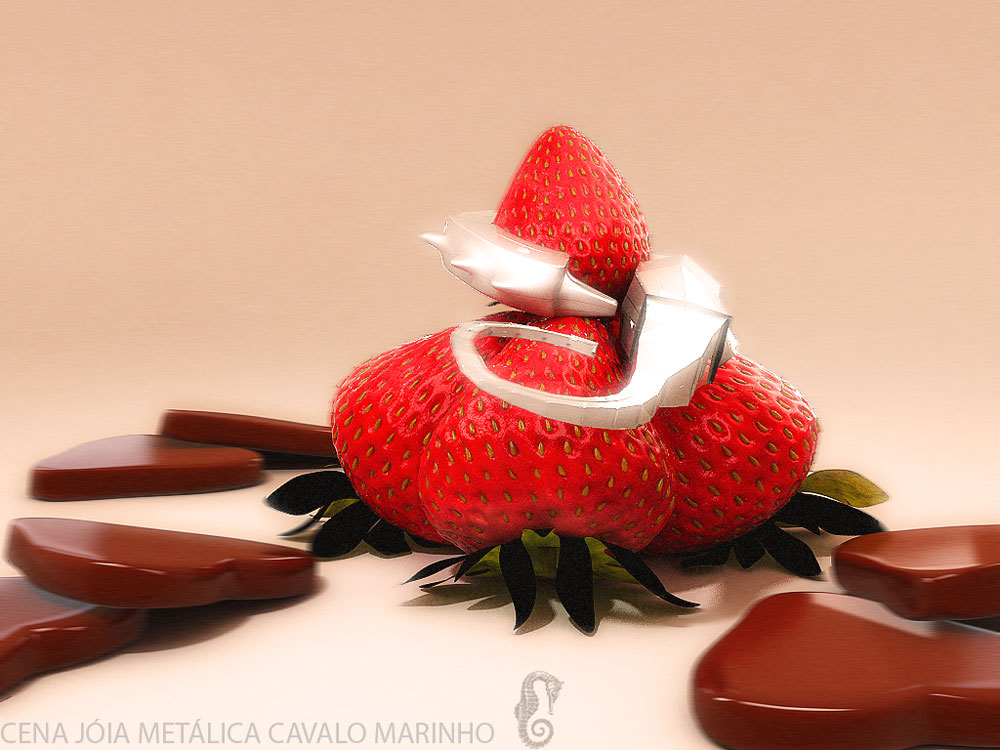 3D1 Cena Jóia Cavalo Marinho metálico com Morangos + Chocolate.